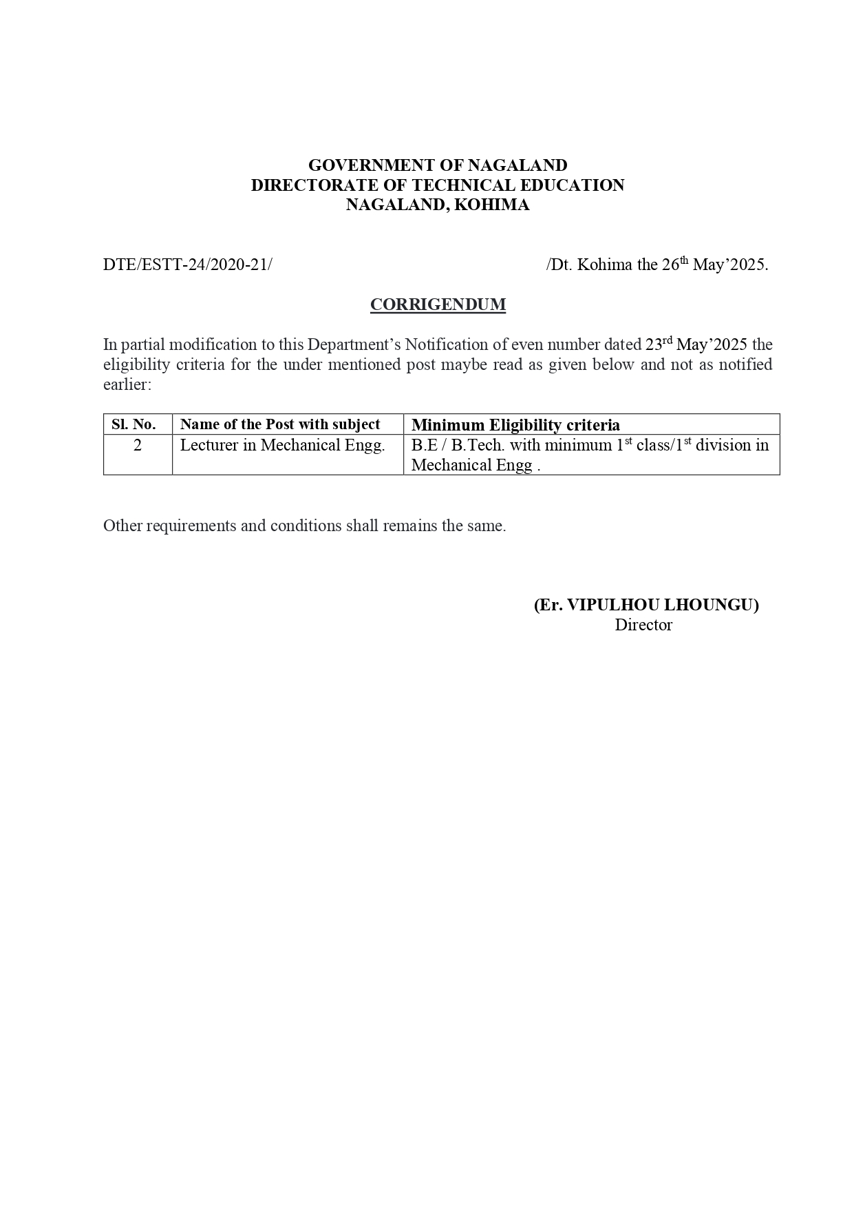 Corrigendum: Technical Education | DIPR Nagaland-Department of Information & Public Relations ...